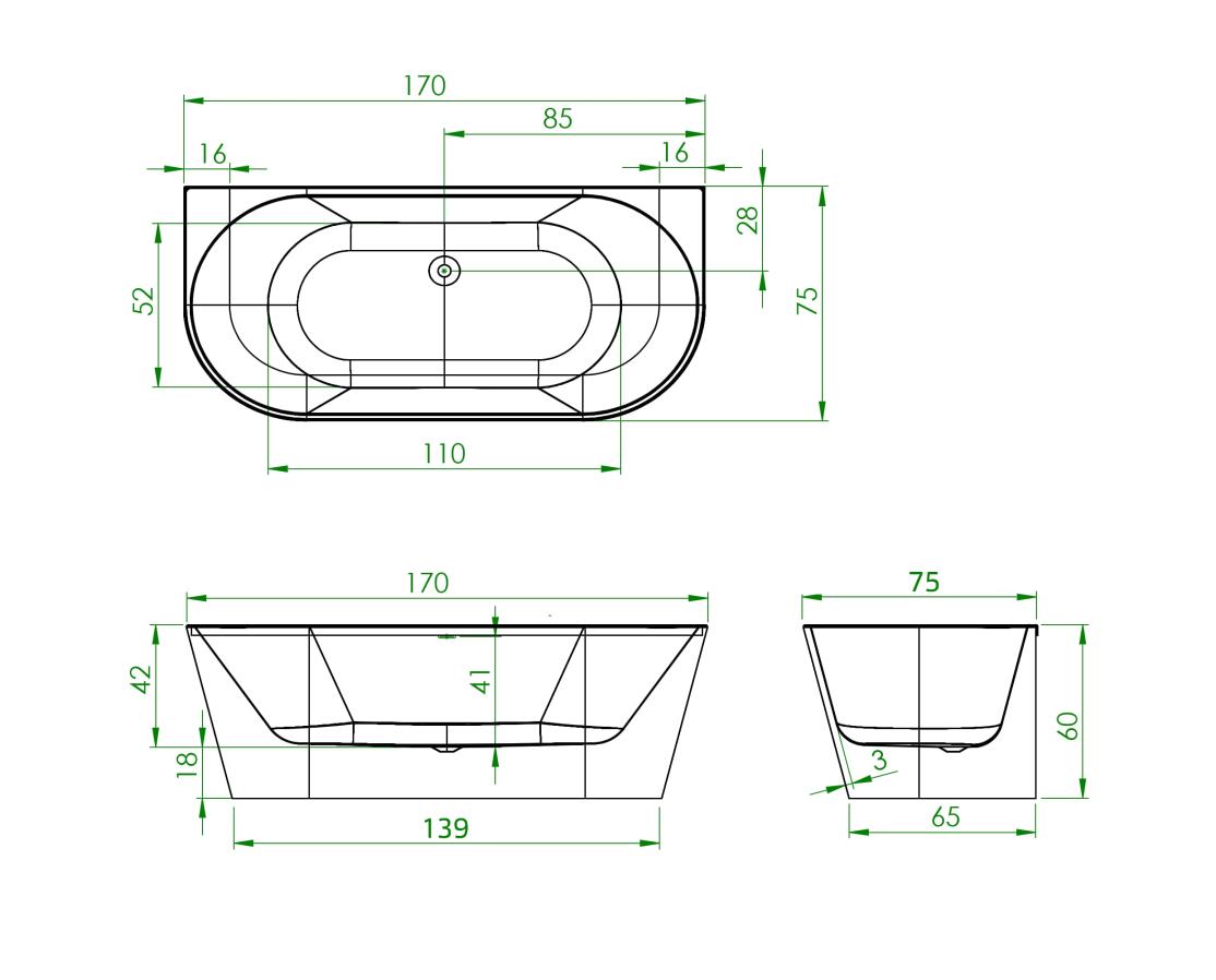Xenz Milan 170x75 cm half vrijstaand bad mat zand met sleufoverloop